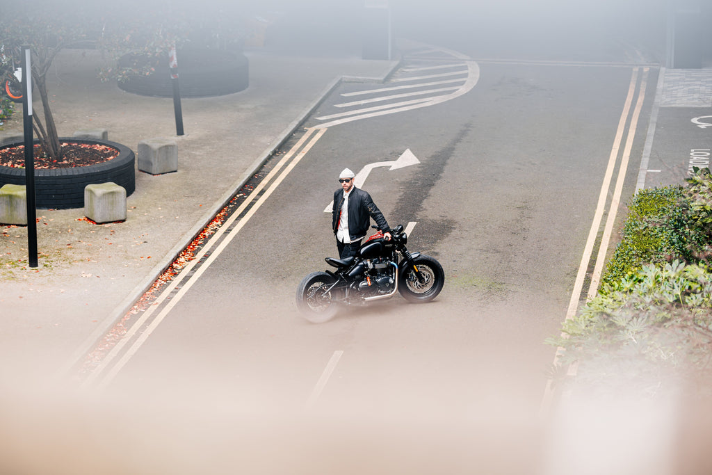Nik's custom Triumph Bobber and the Hitchcox Motorcycles titanium drag